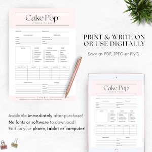Printable Cakepop Order Form, Cake Pop Templates for Canva, Cakesicles ...