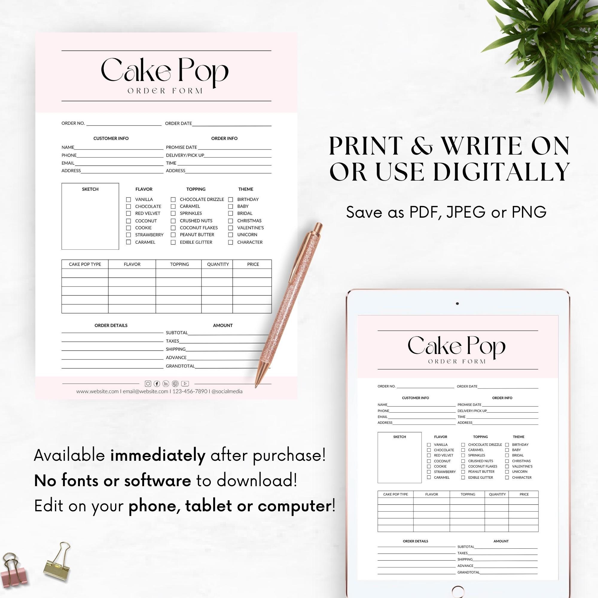 Printable Cakepop Order Form, Cake Pop Templates for Canva, Cakesicles ...