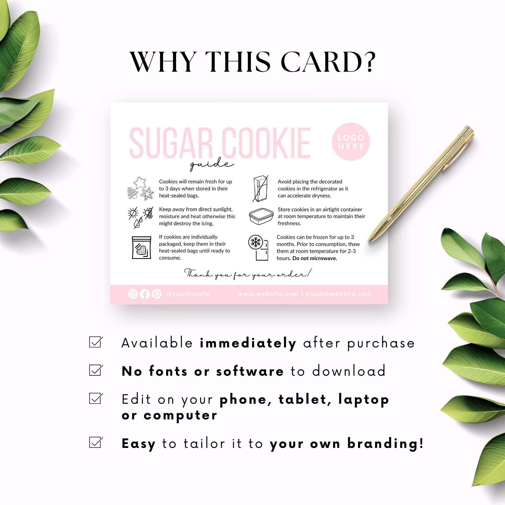 Sugar Cookie Care Card Template, Decorated Cookies Care Instructions ...