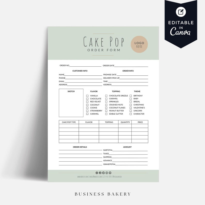 Printable Cakepop Order Form, Cake Pop Templates for Canva, Cakesicles ...