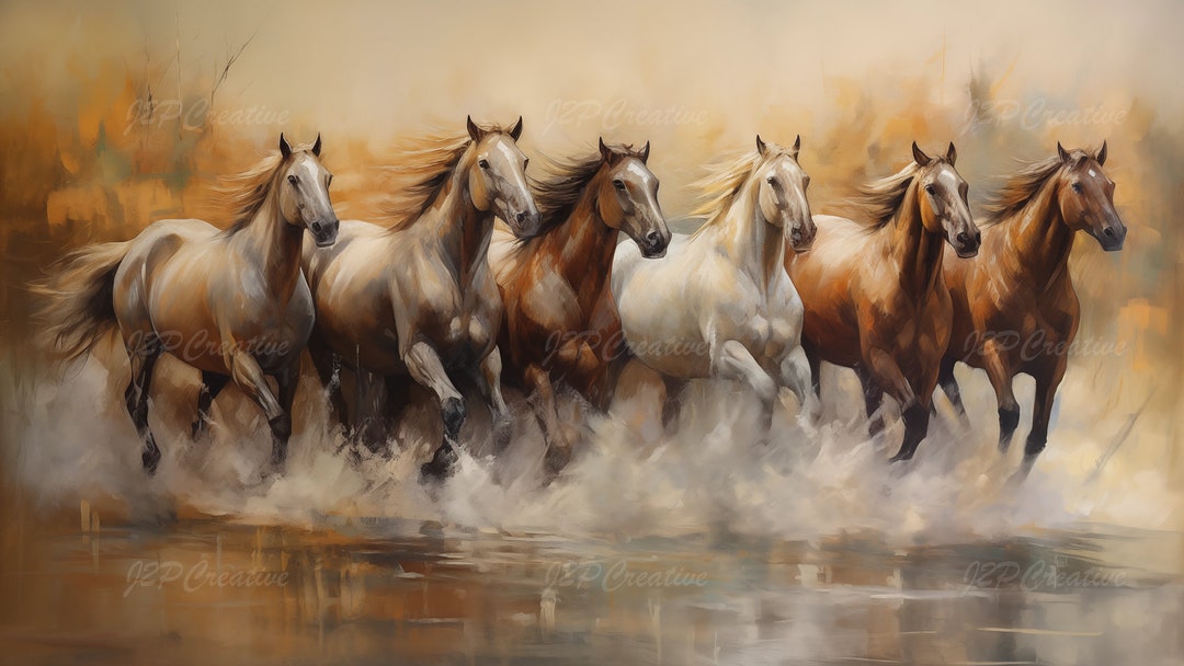Six Running Horses, Oil Paint, Samsung Frame TV Art, Digital Download ...