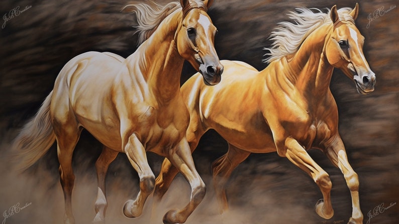 Two Golden Akhal Teke Horses V2, Oil Paint, Samsung Frame TV Art ...