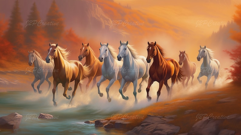 Eight Running Horses, Oil Paint, Samsung Frame TV Art, Digital Download ...