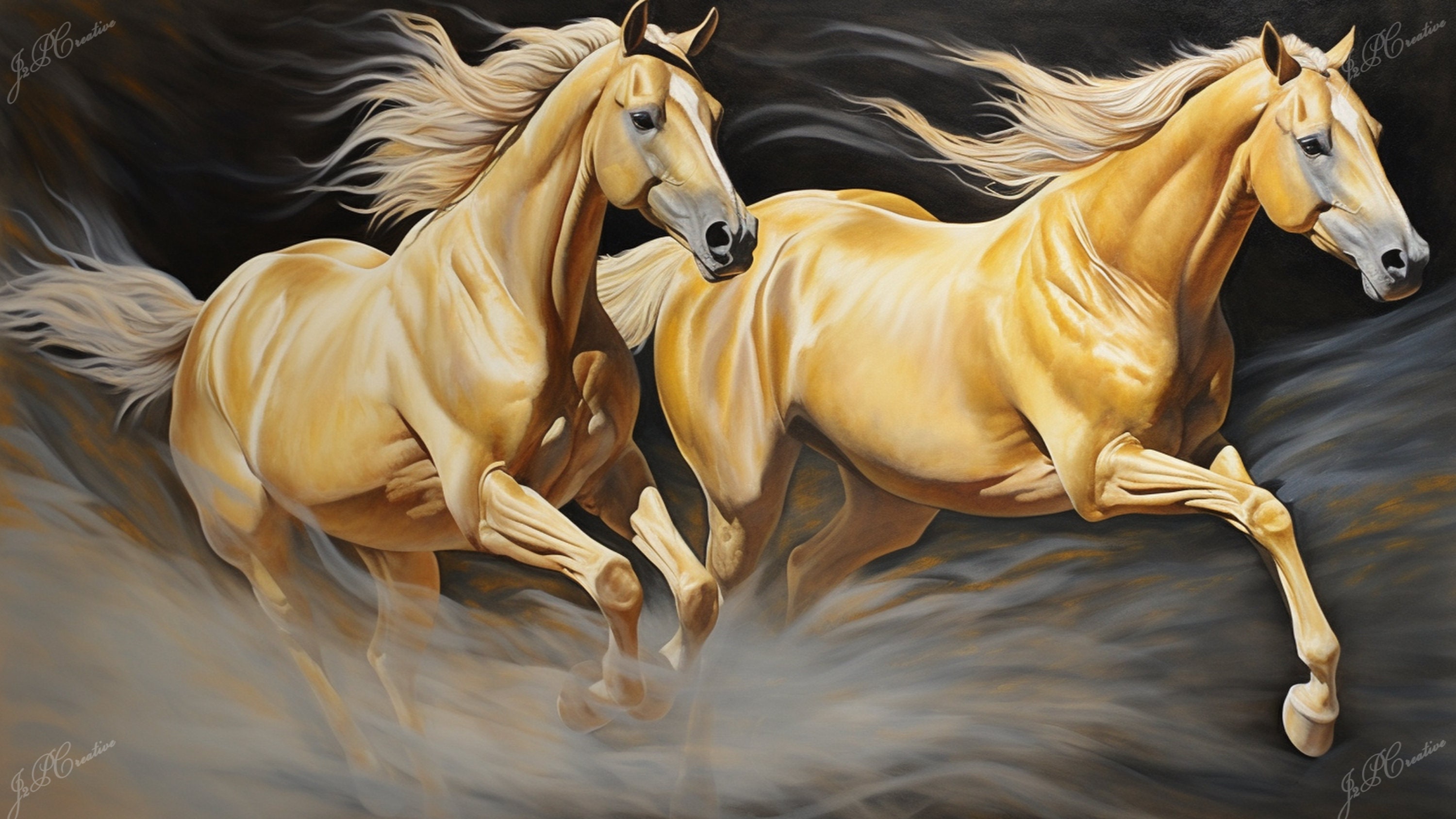 Two Golden Akhal Teke Horses V5, Oil Paint, Samsung Frame TV Art ...