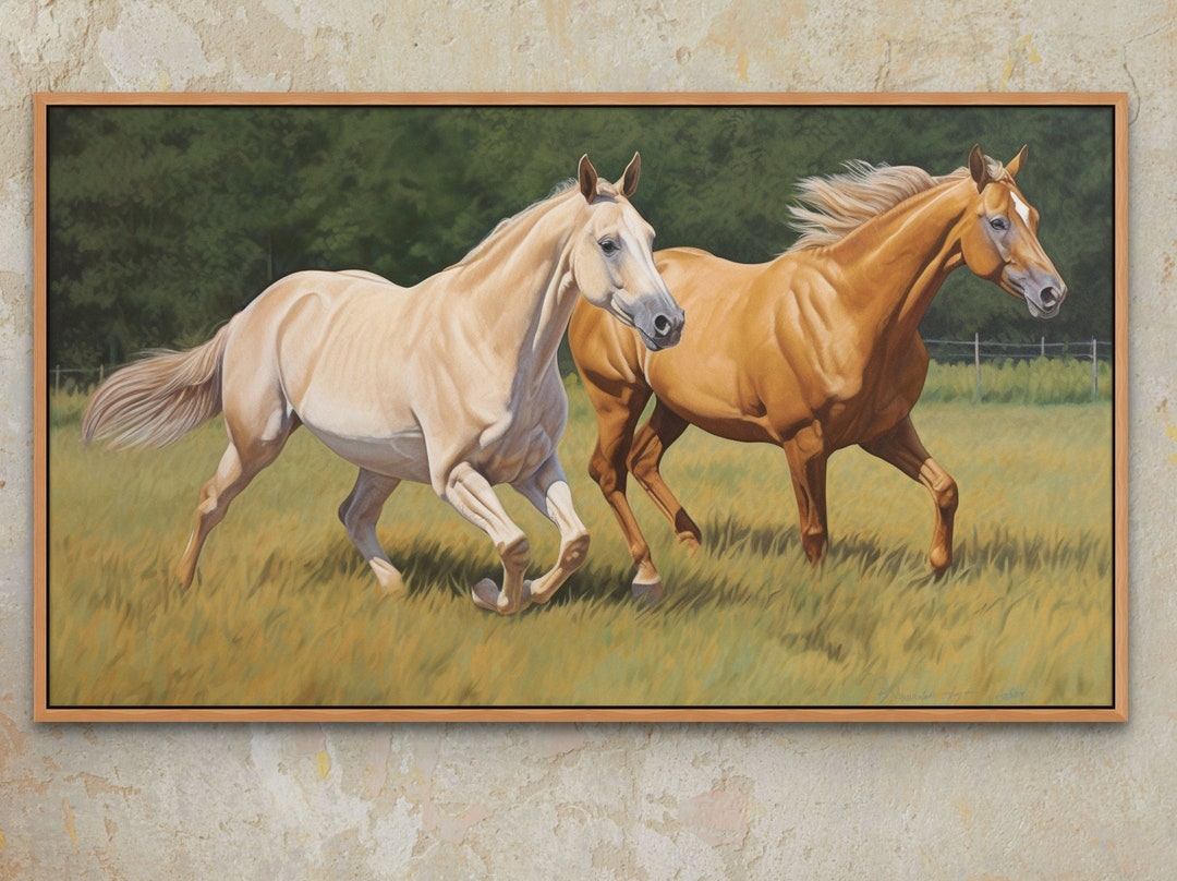 Two Golden Akhal Teke Horses V4, Oil Paint, Samsung Frame TV Art ...