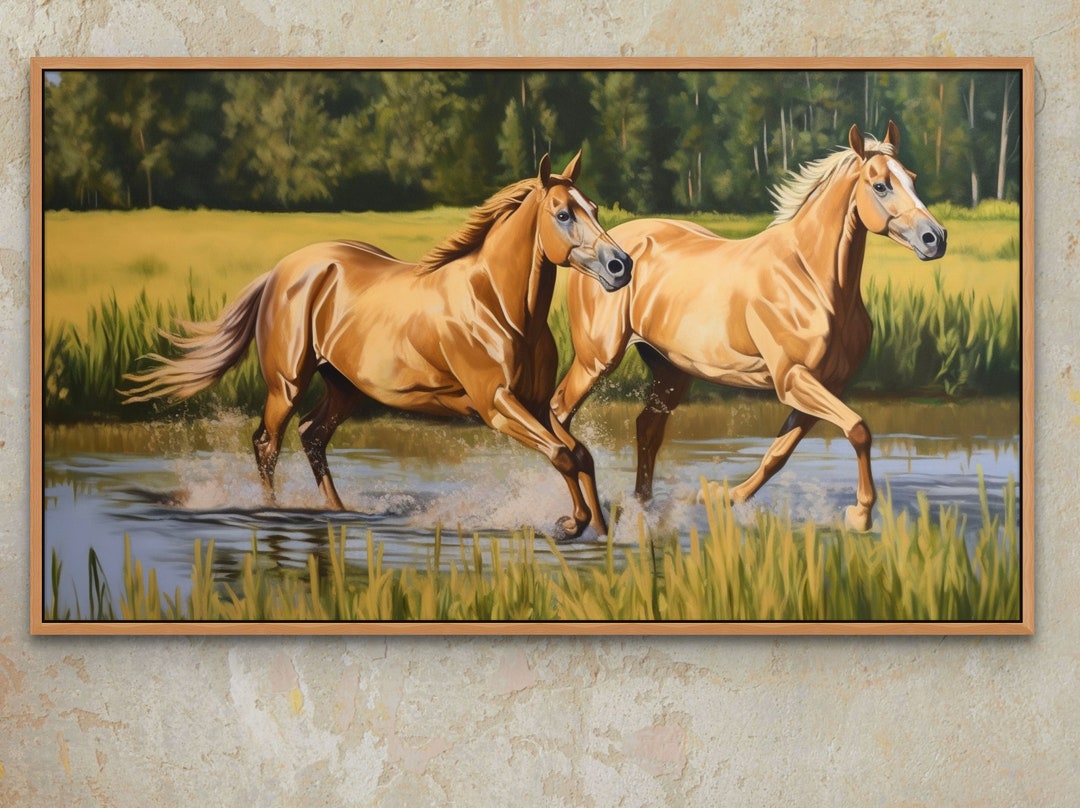 Two Golden Akhal Teke Horses V1, Oil Paint, Samsung Frame TV Art ...