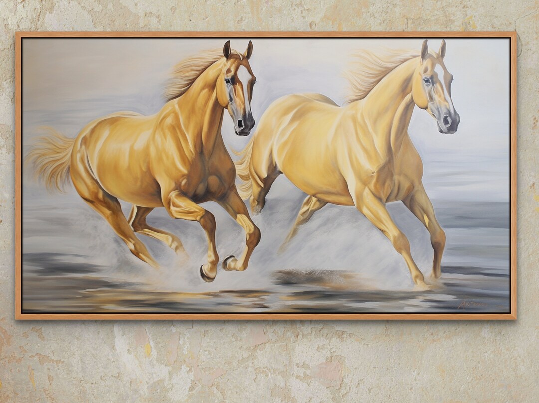 Two Golden Akhal Teke Horses V3, Oil Paint, Samsung Frame TV Art ...