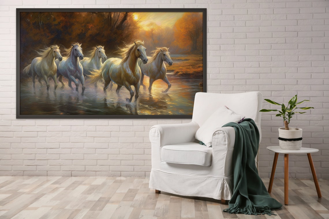 Five Running Horses, Over Water, Oil Paint, Samsung Frame TV Art ...