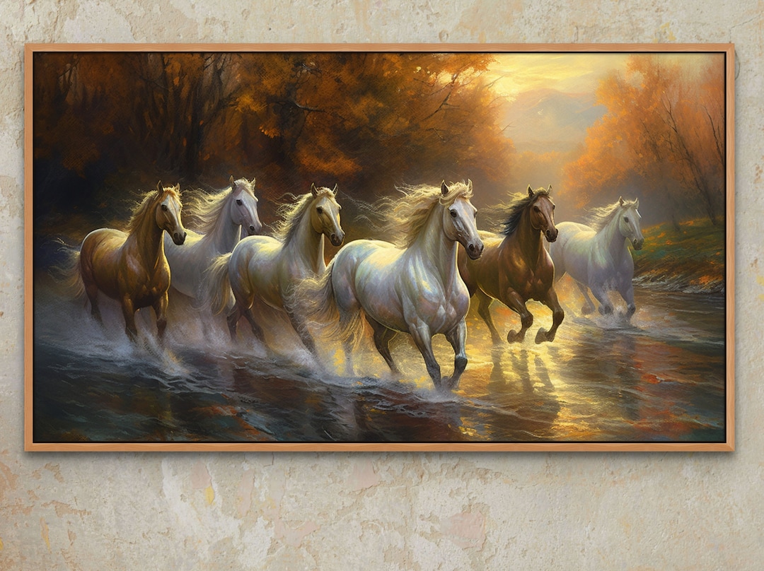Six Running Horses, Over Water at Dawn, Oil Paint, Samsung Frame TV Art ...