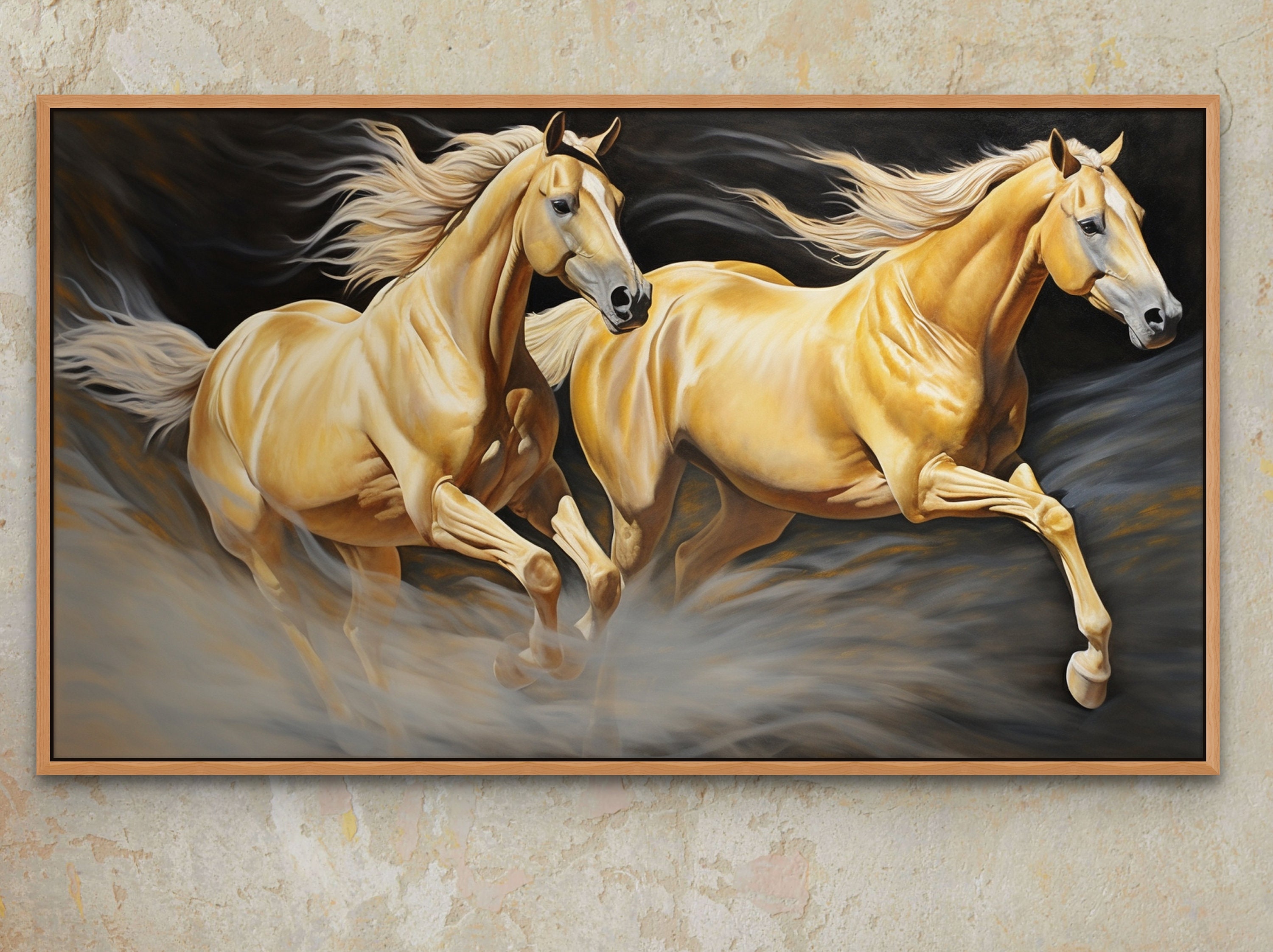 Two Golden Akhal Teke Horses V5, Oil Paint, Samsung Frame TV Art ...