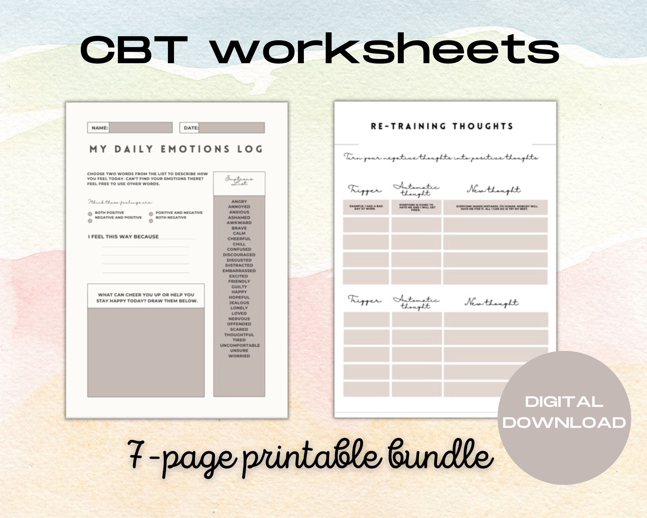 Anxiety and Depression CBT Worksheets, Mental Health Printable CBT ...
