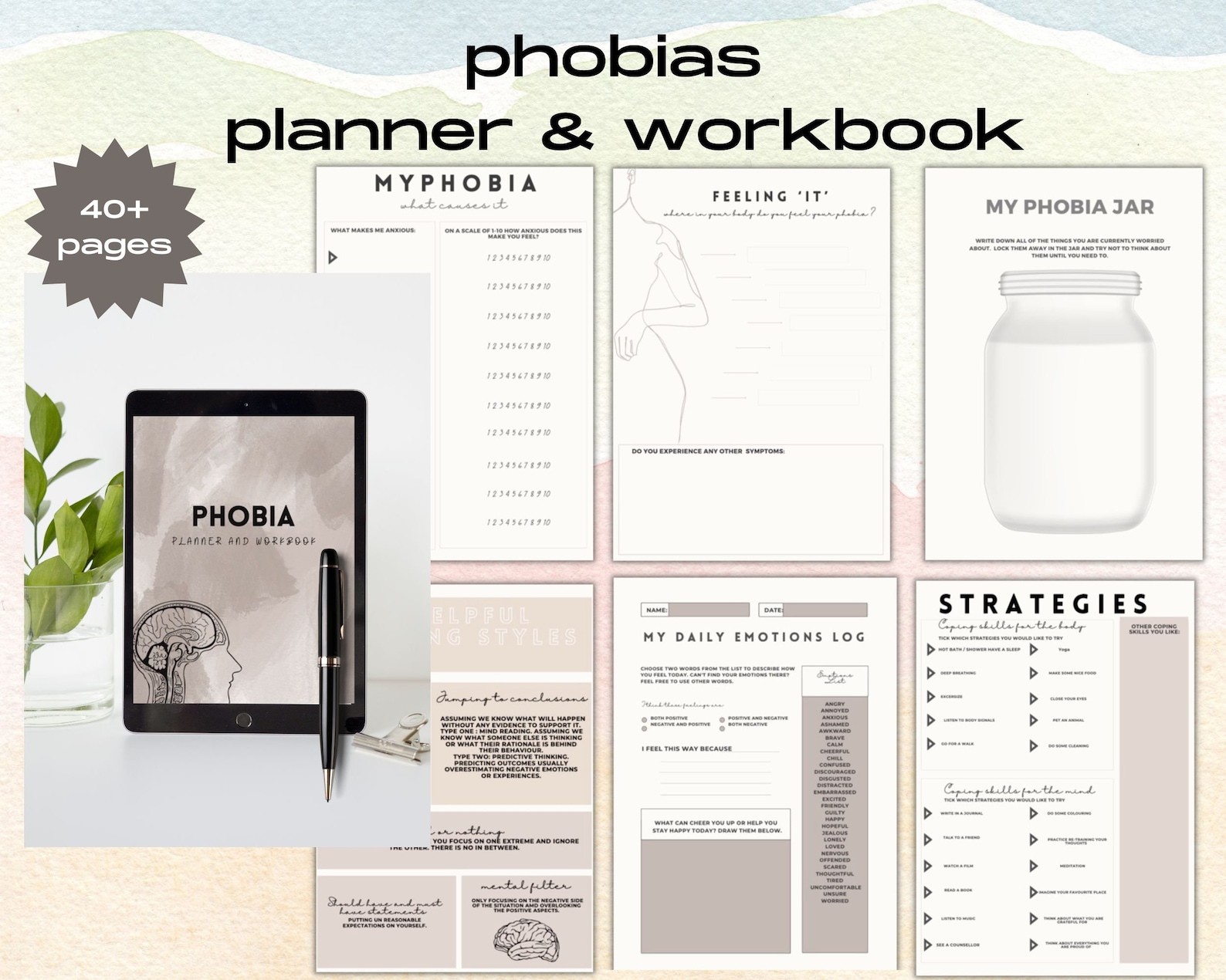 Phobia CBT Worksheets, Mental Health Planner |CBT Printable Worksheet ...