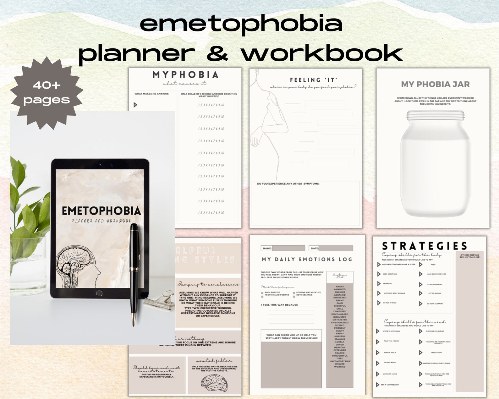 Emetophobia CBT Worksheets, Mental Health Planner |CBT Printable ...