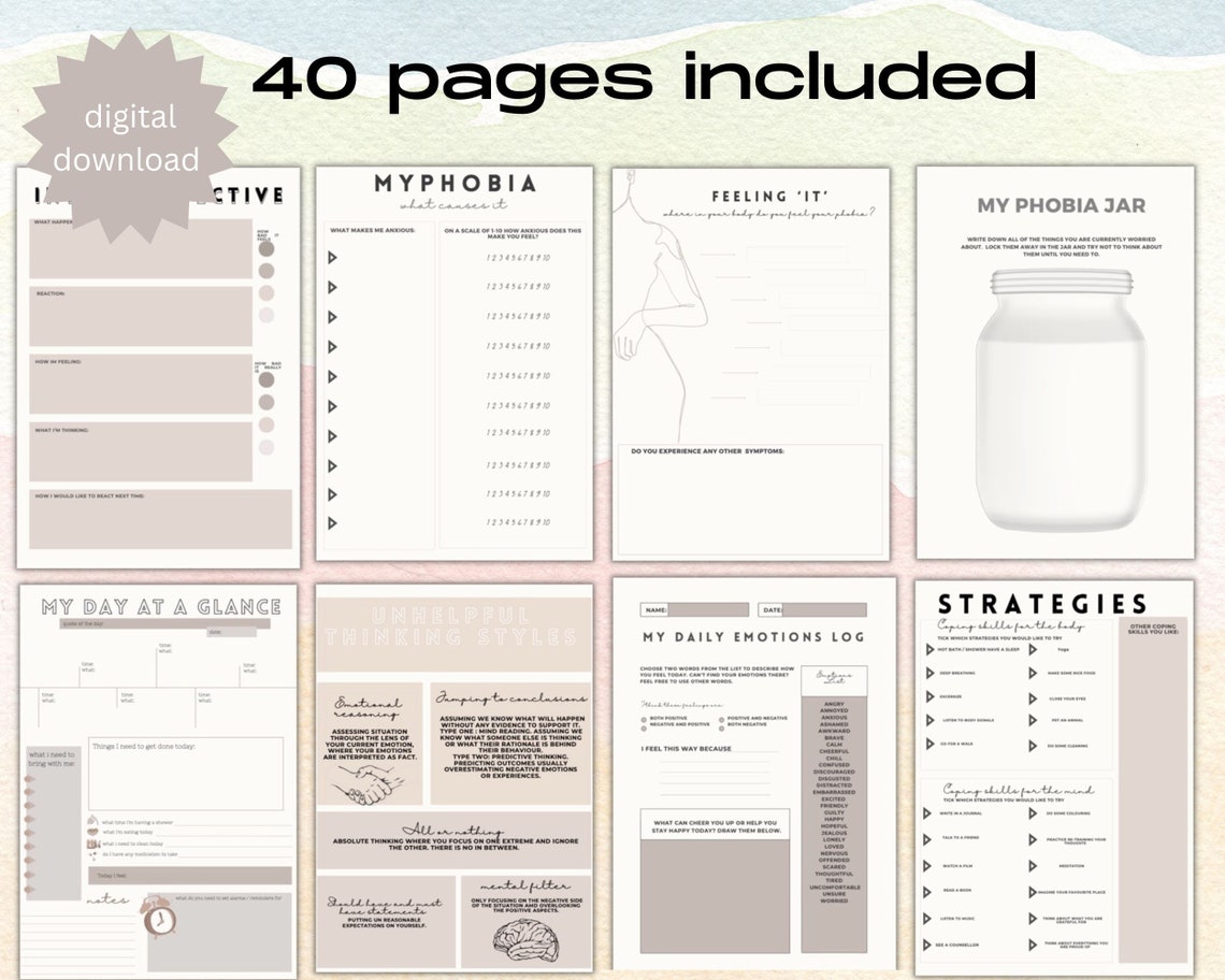 Phobia CBT Worksheets, Mental Health Planner |CBT Printable Worksheet ...