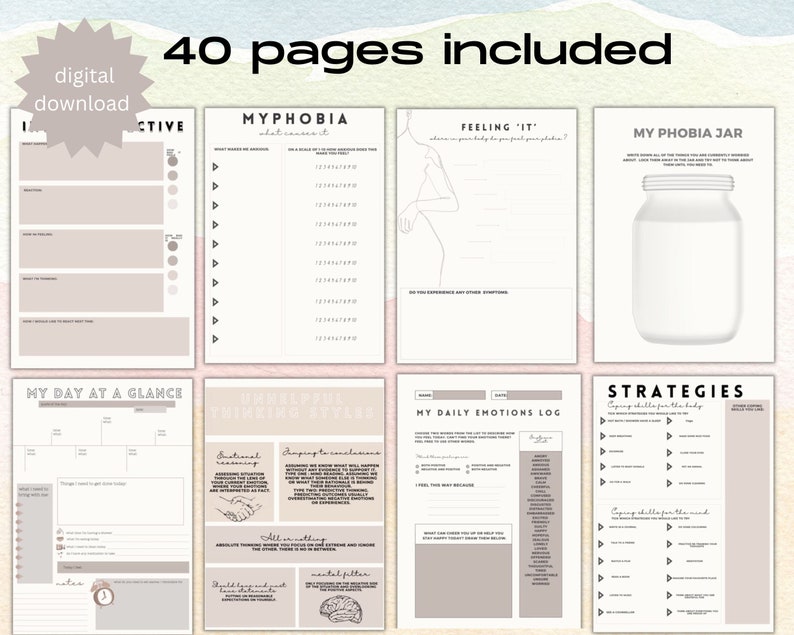 Phobia CBT Worksheets, Mental Health Planner CBT Printable Worksheet ...