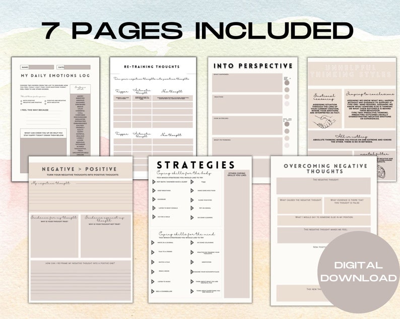 Anxiety and Depression CBT Worksheets, Mental Health Printable CBT ...