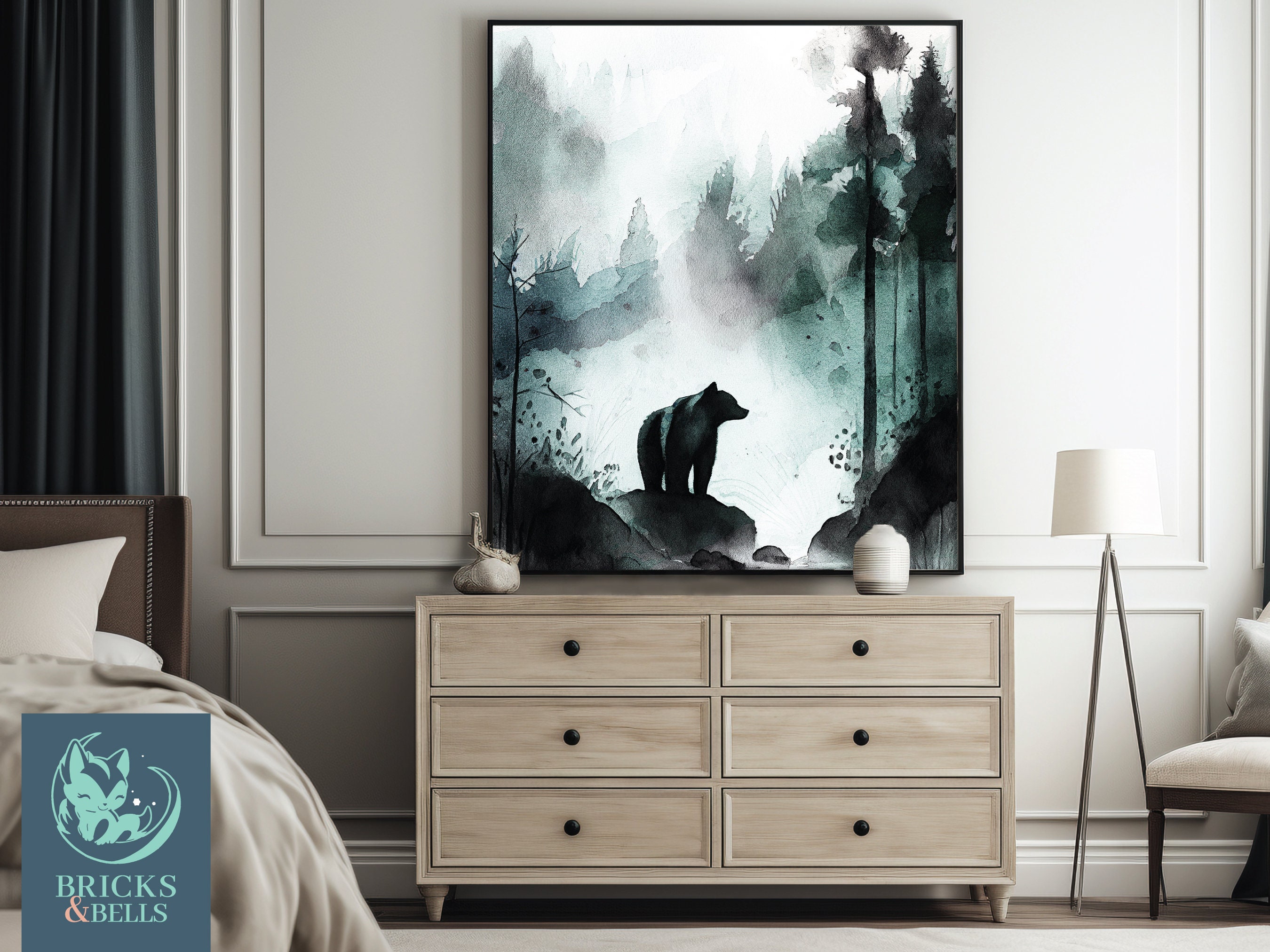 Bear Abstract Watercolor Print Misty Forest Wall Art Grizzly Bear Decor ...
