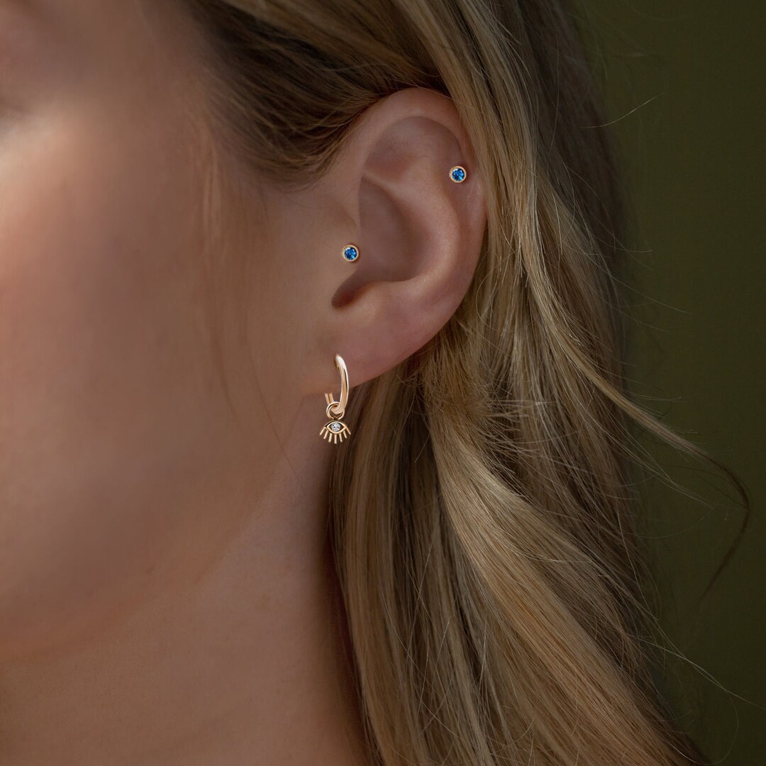 Evil Eye Diamond Hoop Clicker Single Earring: 14K Solid Gold Daith ...