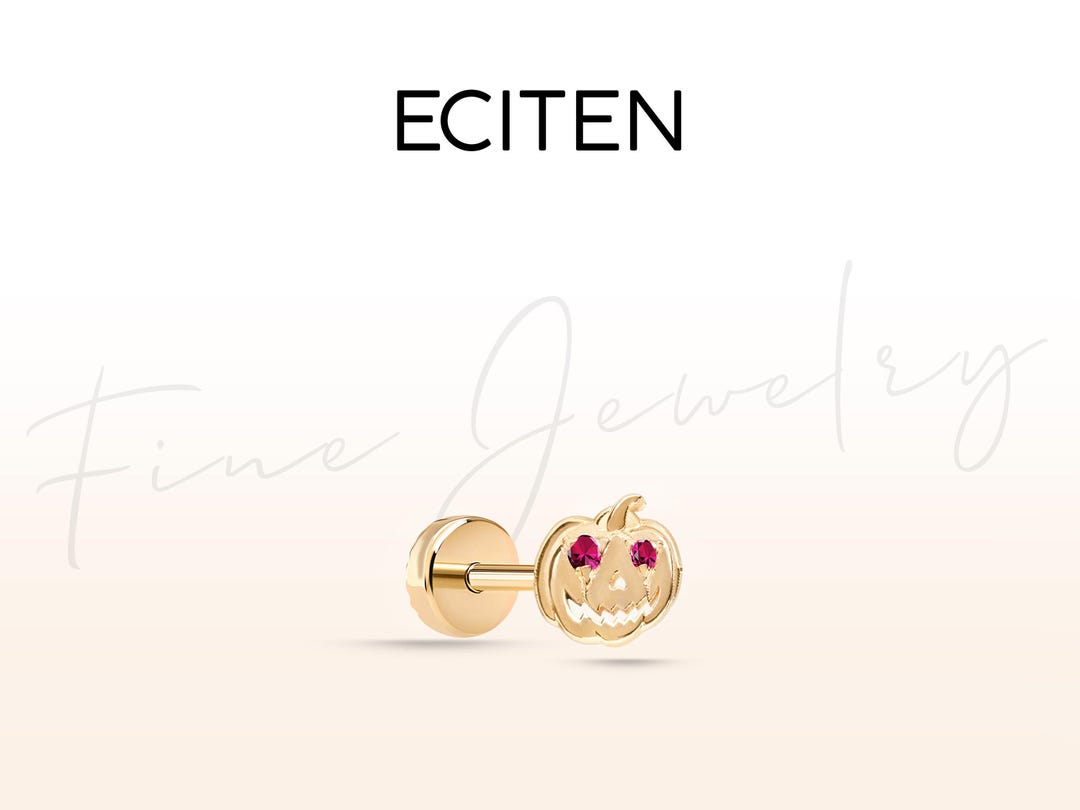 14K Solid Gold Halloween Pumpkin Piercing: Ruby Ghost Single Earring - Etsy