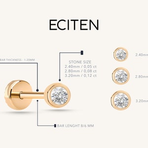 Solitaire Diamond Tragus Piercing,flat Back Piercing in 14K Solid Gold ...