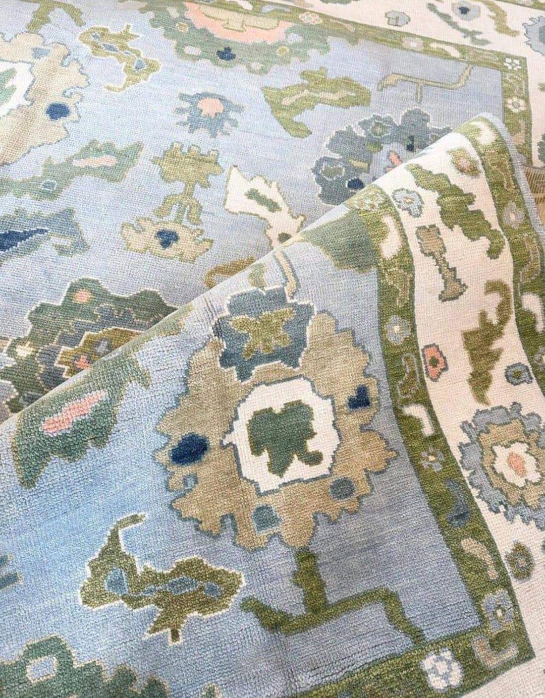 9'X12' Blue and Green Rug, Oushak Rug With Ivory, Olive Green & Light ...