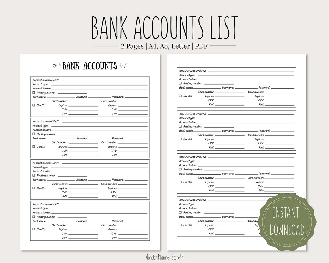 Bank Accounts List Printable PDF A4, A5, Letter Format Home ...