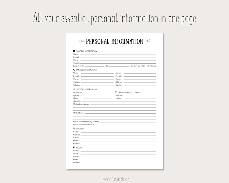 Personal Information Page Printable PDF A4, A5, Letter Format Home ...
