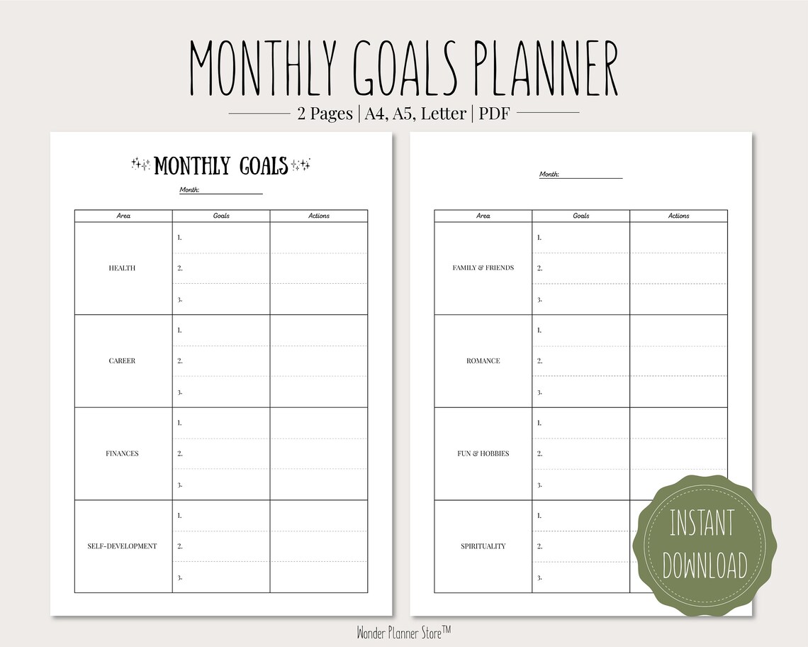 Monthly Goal Planner Printable PDF A4, A5, Letter Format - Etsy