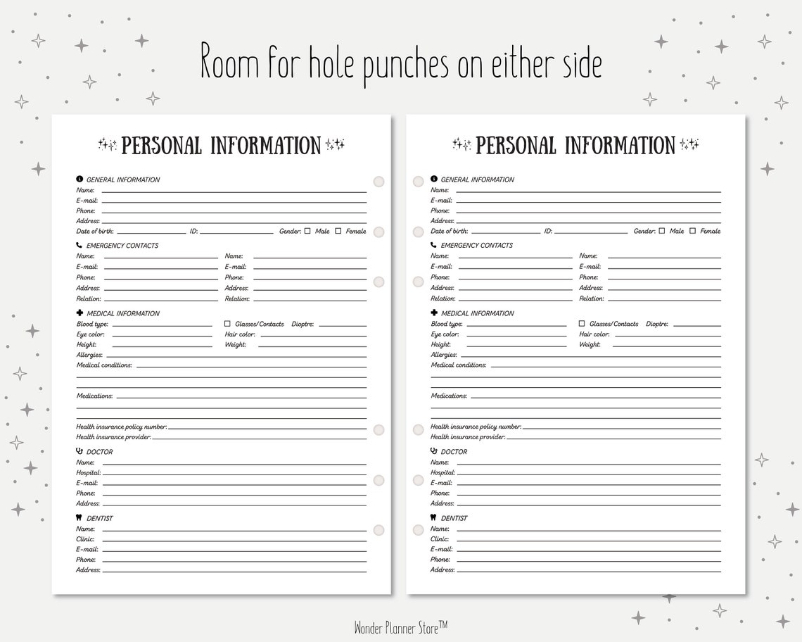 Personal Information Page | Printable PDF | A4, A5, Letter Format ...