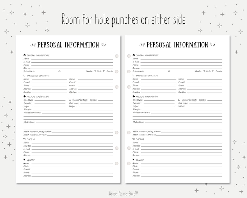Personal Information Page | Printable PDF | A4, A5, Letter Format ...