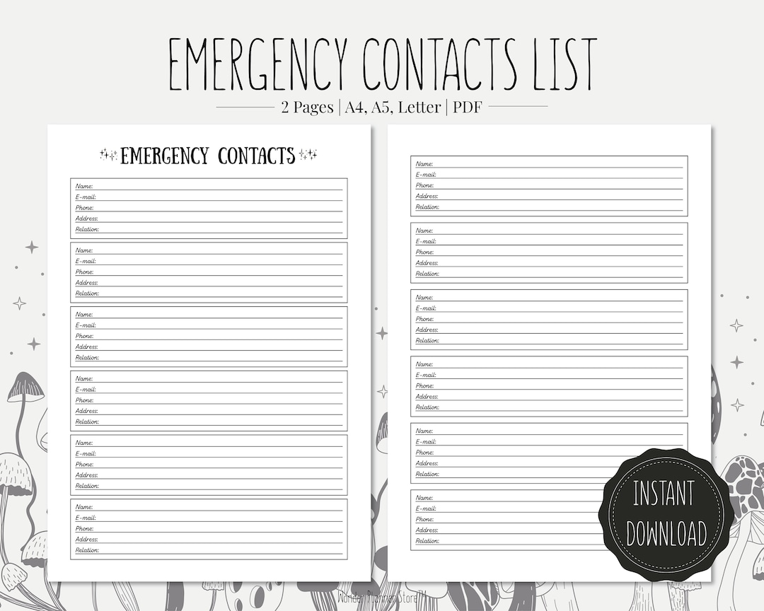 Emergency Contacts List | Printable PDF | A4, A5, Letter Format | Home ...