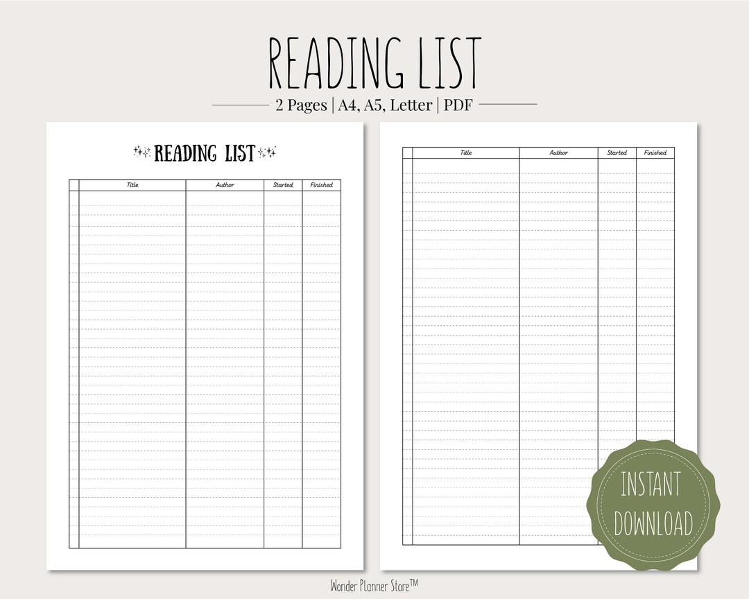 Reading List Printable PDF A4, A5, Letter Format - Etsy