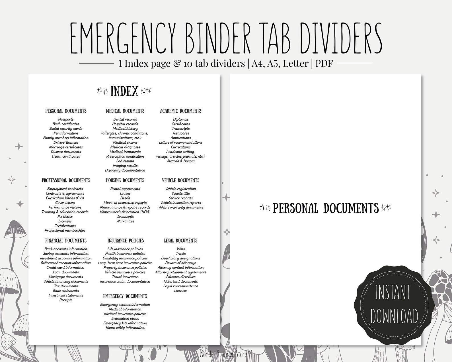 Emergency Binder Index Page & Tab Dividers | Printable PDF | A4, A5 ...