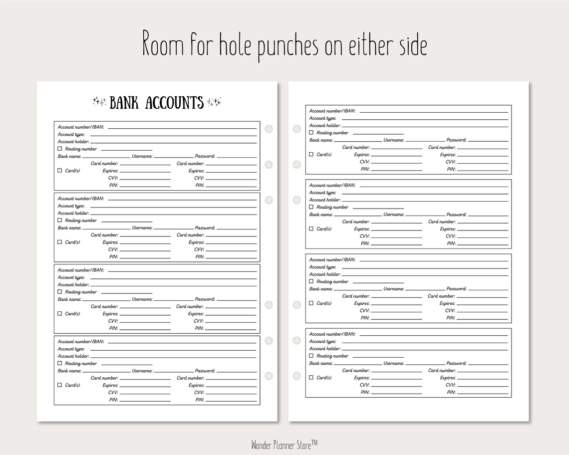 Bank Accounts List Printable PDF A4, A5, Letter Format Home ...
