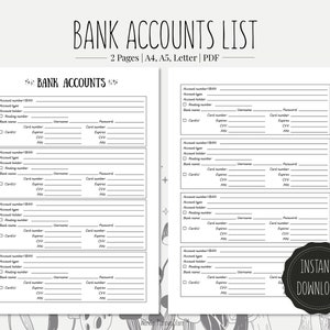 Bank Accounts List | Printable Home Finance Tracker (A4, A5, Letter ...