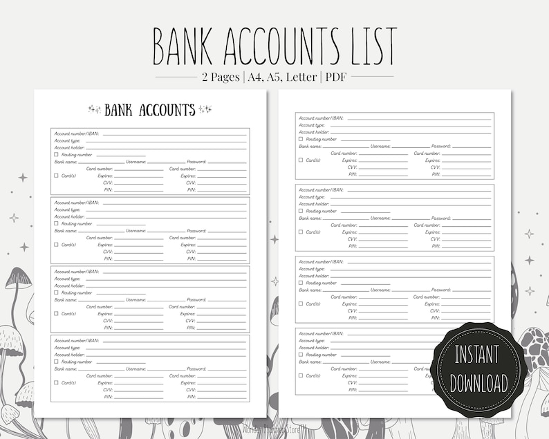 Bank Accounts List | Printable PDF | A4, A5, Letter Format | Home ...