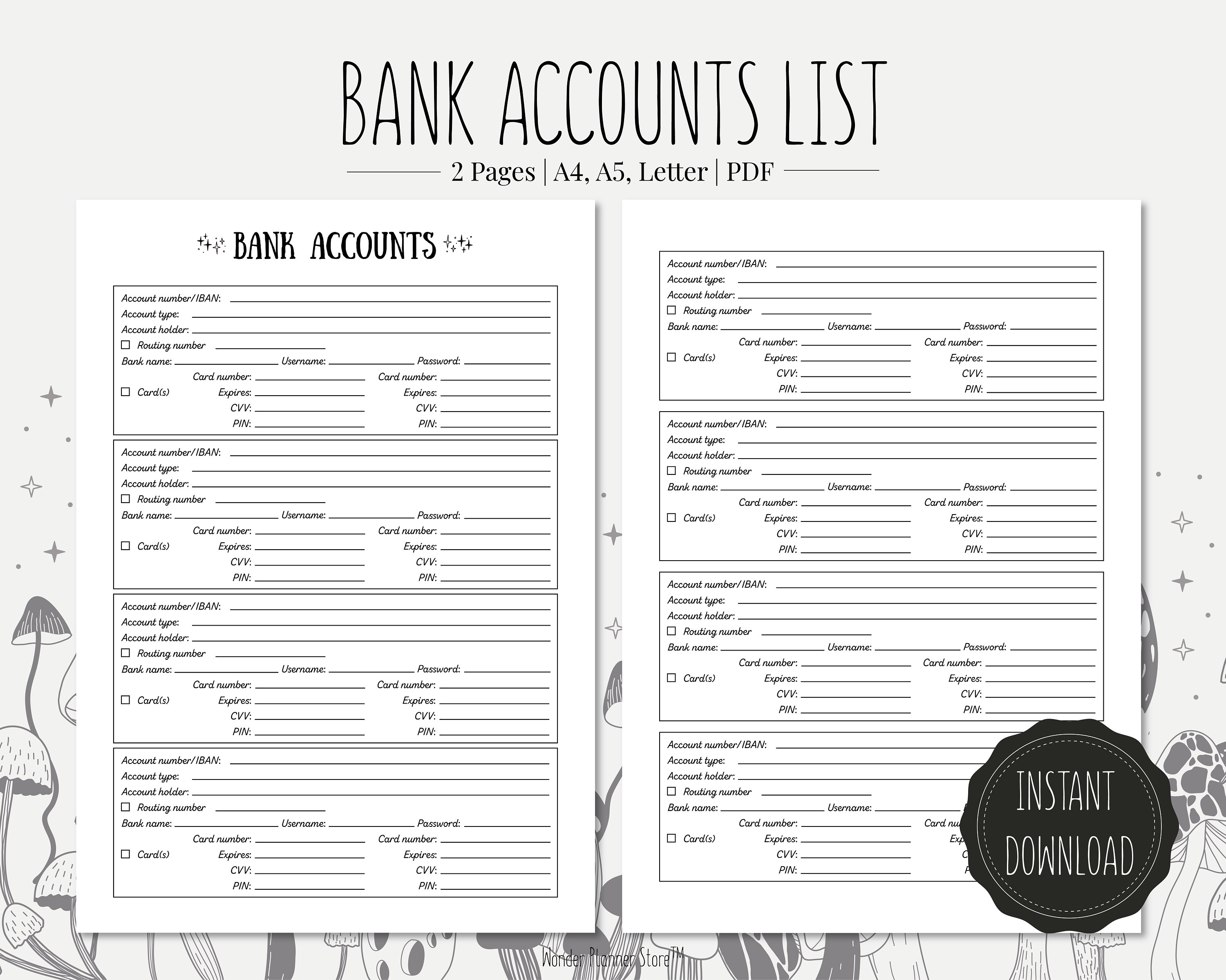 Bank Accounts List | Printable PDF | A4, A5, Letter Format | Home ...