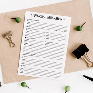 Personal Information Page | Printable PDF | A4, A5, Letter Format ...