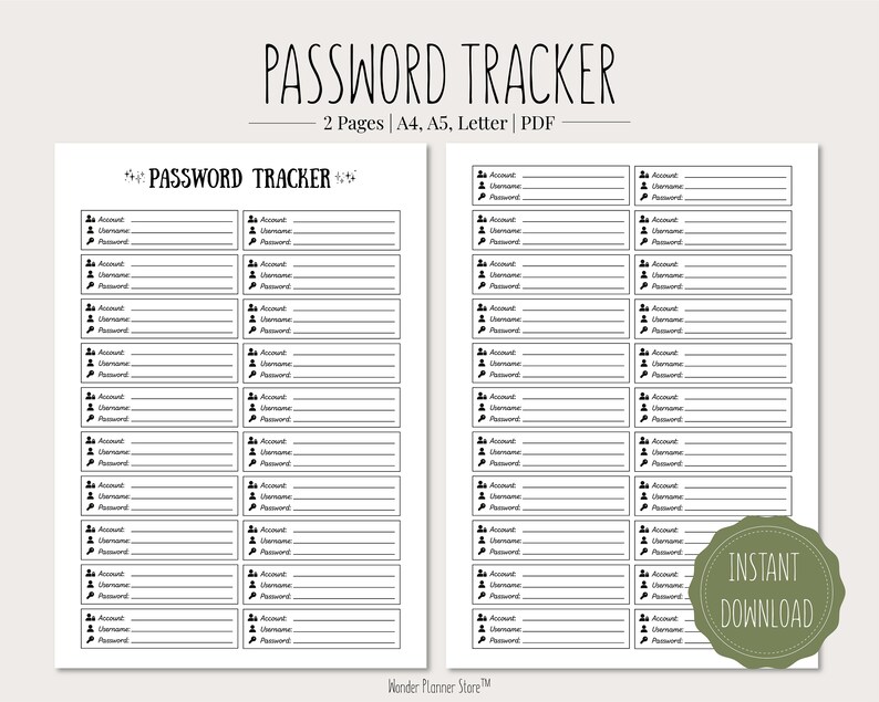 Password Tracker Printable PDF A4, A5, Letter Format Home Organization ...
