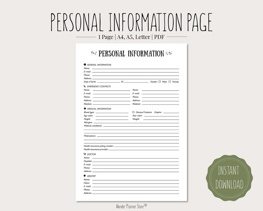 Personal Information Page Printable PDF A4, A5, Letter Format Home ...