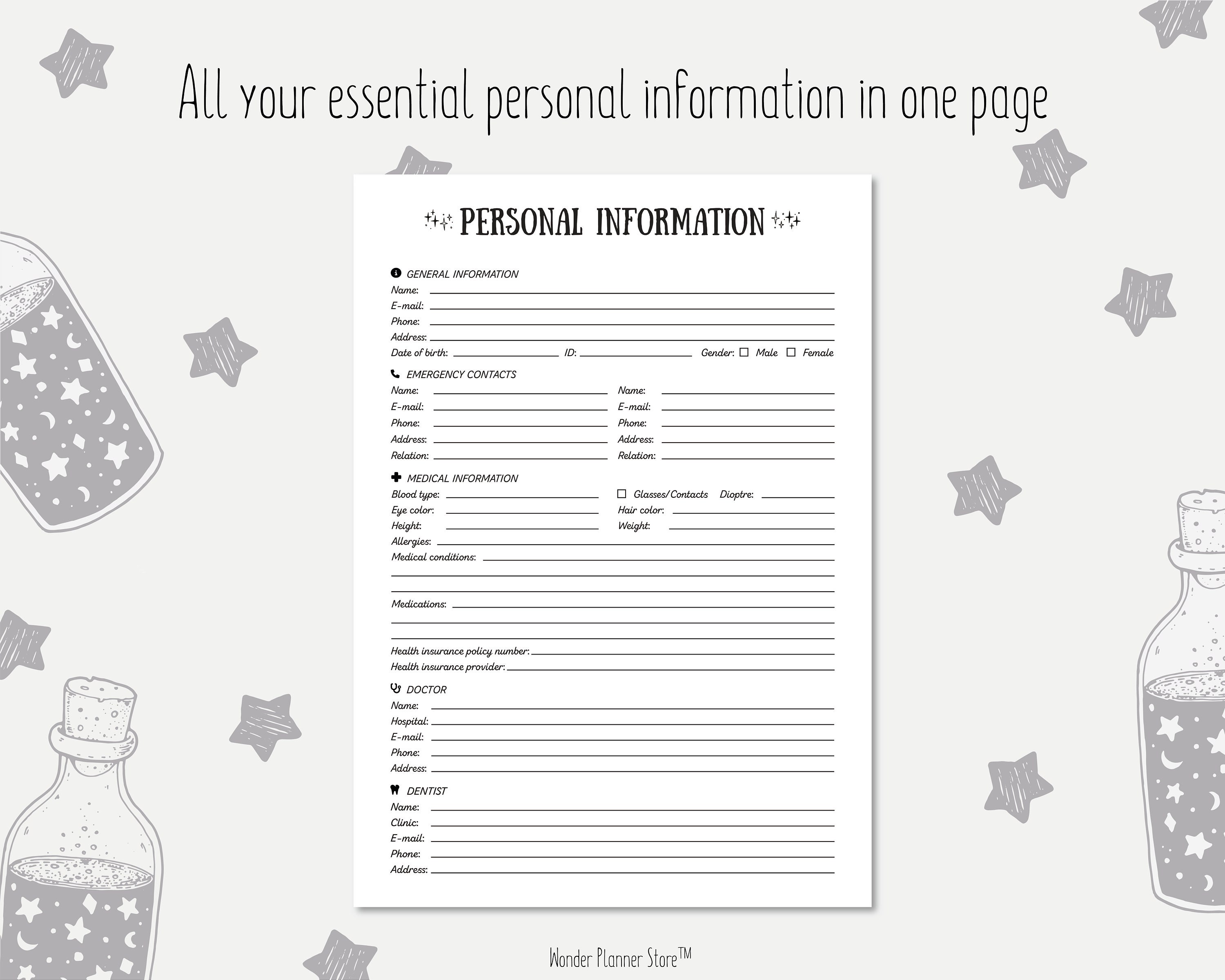 Personal Information Page | Printable PDF | A4, A5, Letter Format ...