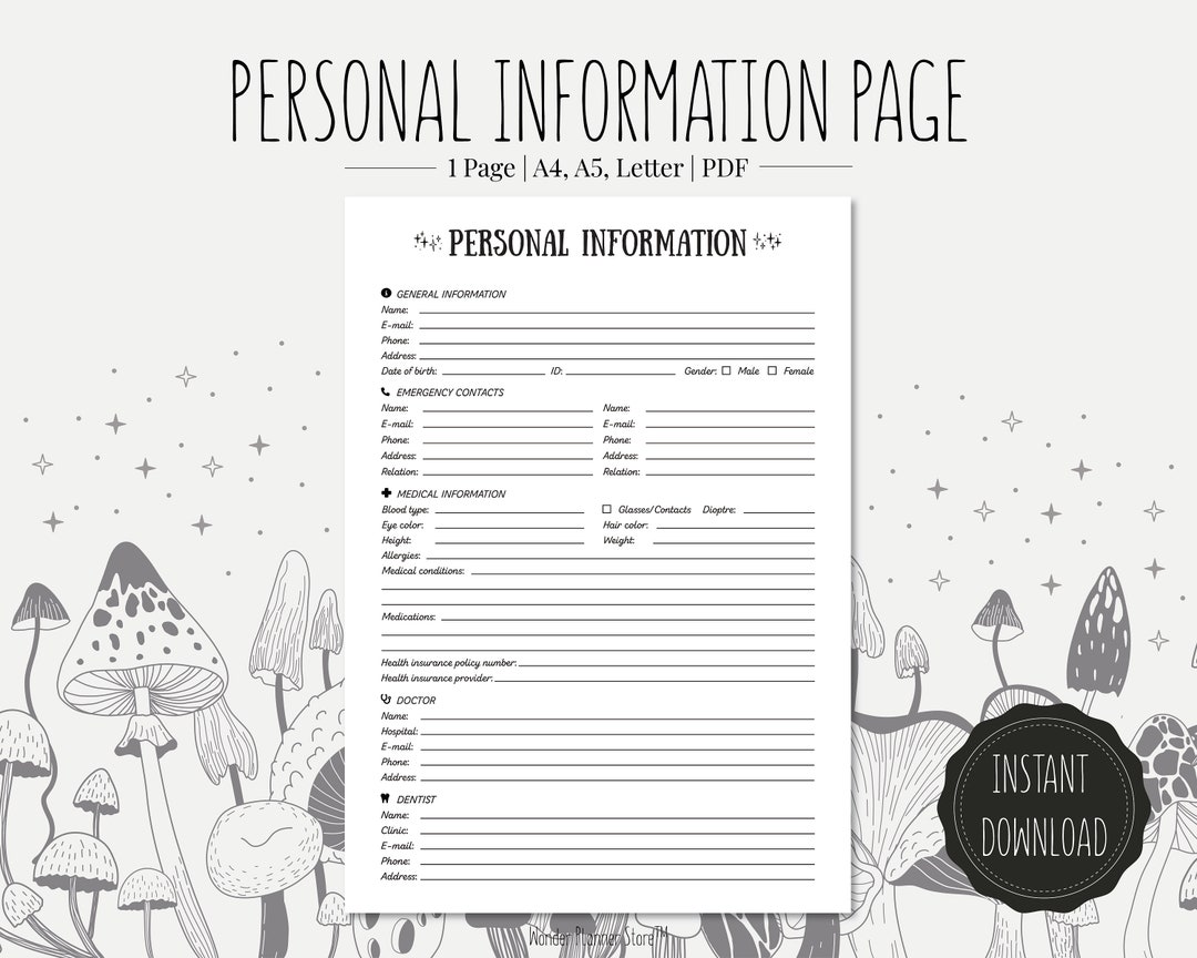 Personal Information Page | Printable PDF | A4, A5, Letter Format ...