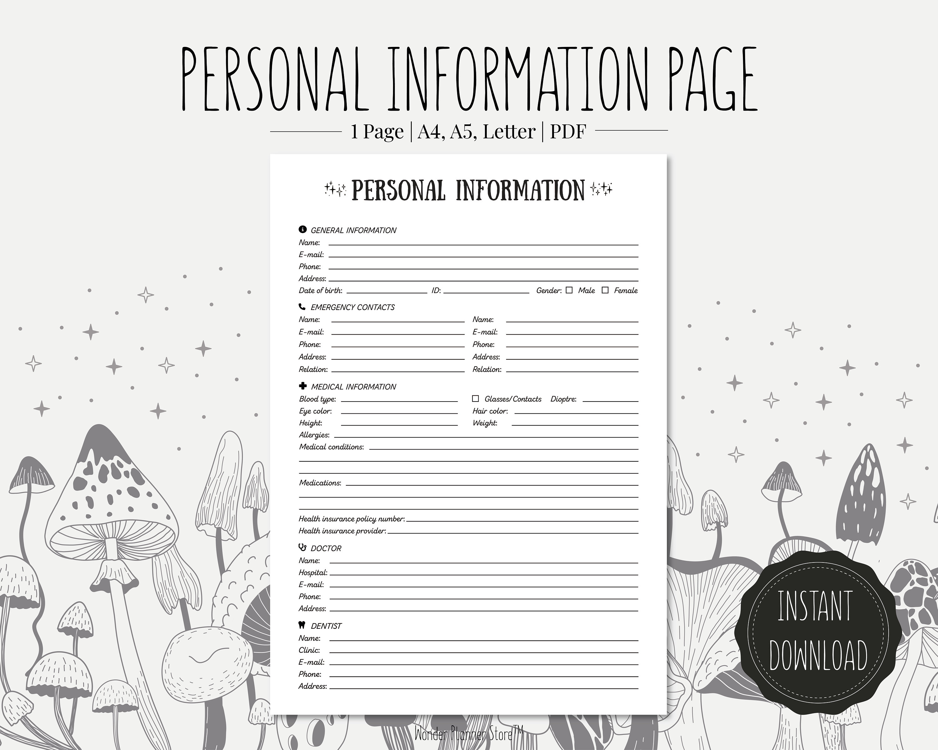 Personal Information Page | Printable PDF | A4, A5, Letter Format ...