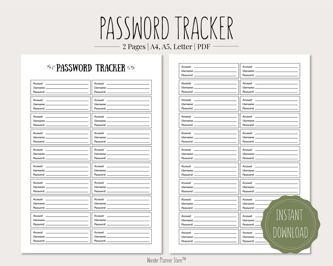 Password Tracker Printable PDF A4, A5, Letter Format Home Organization ...