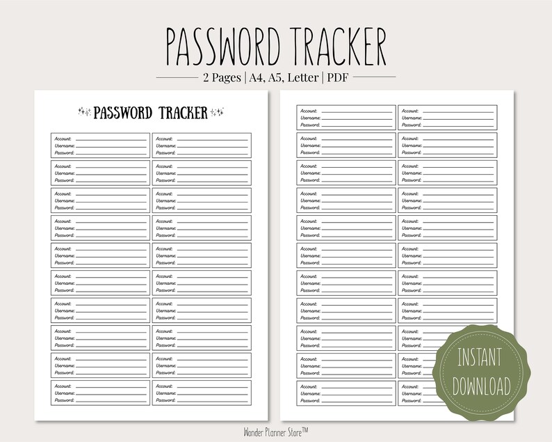 Password Tracker Printable PDF A4, A5, Letter Format Home Organization ...