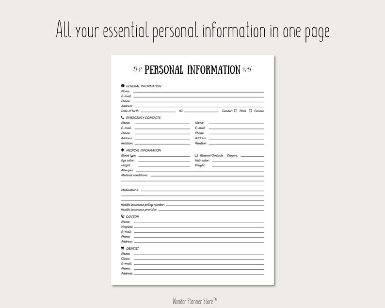 Personal Information Page Printable PDF A4 A5 Letter - Etsy