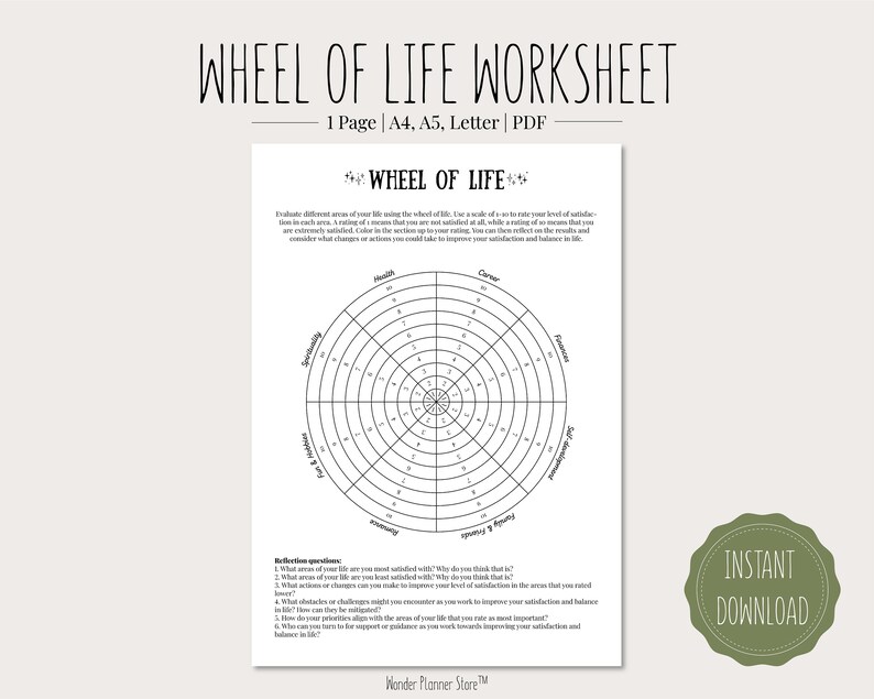 Wheel of Life Worksheet Reflection Tool Printable PDF - Etsy