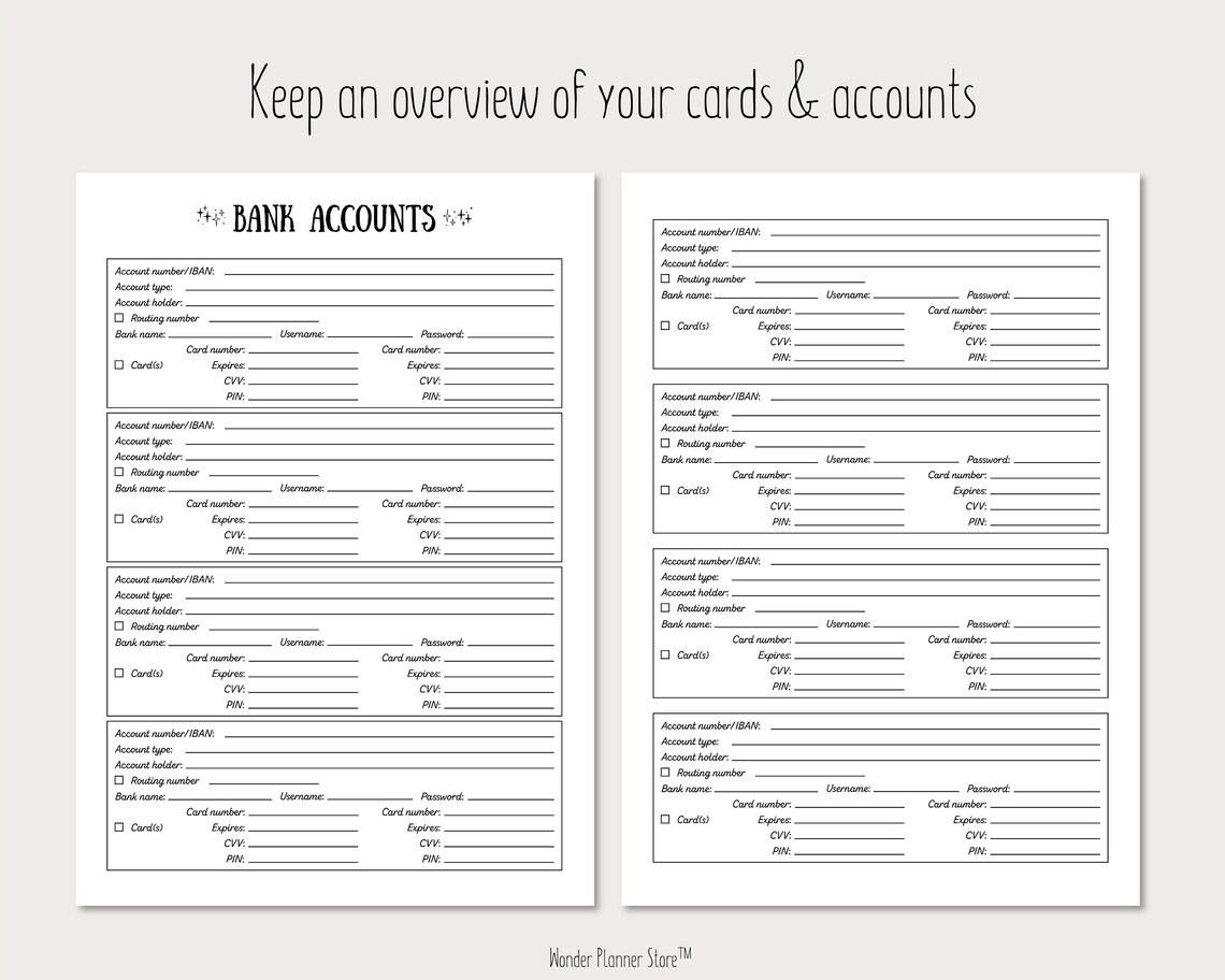 Bank Accounts List Printable PDF A4 A5 Letter Format - Etsy