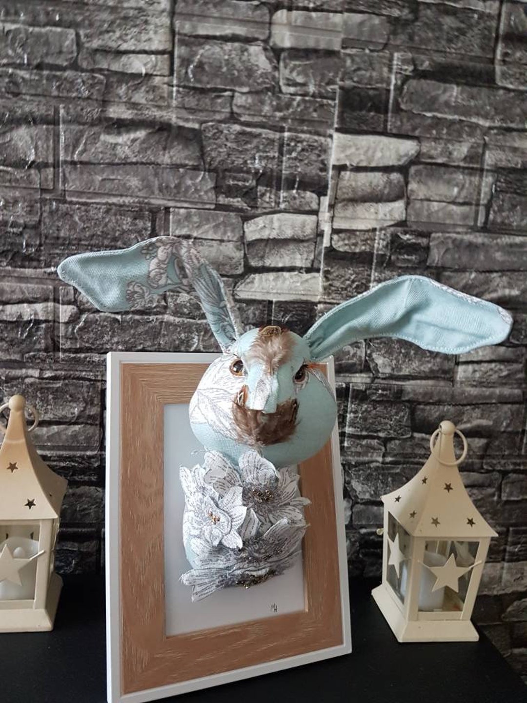 Soft Sculpture Faux Taxidermy Rabbit Head in Frame. Wall Mounted or ...