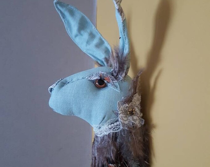 Soft Sculpture Hare Head , Textile Art With Lace, Feathers and Metal ...